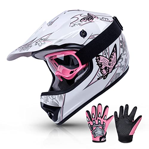 TCMT DOT Certified Youth Pink Butterfly Dirt Bike ATV Offroad Street Motorcycle Motocross Helmet Goggles Gloves (L)