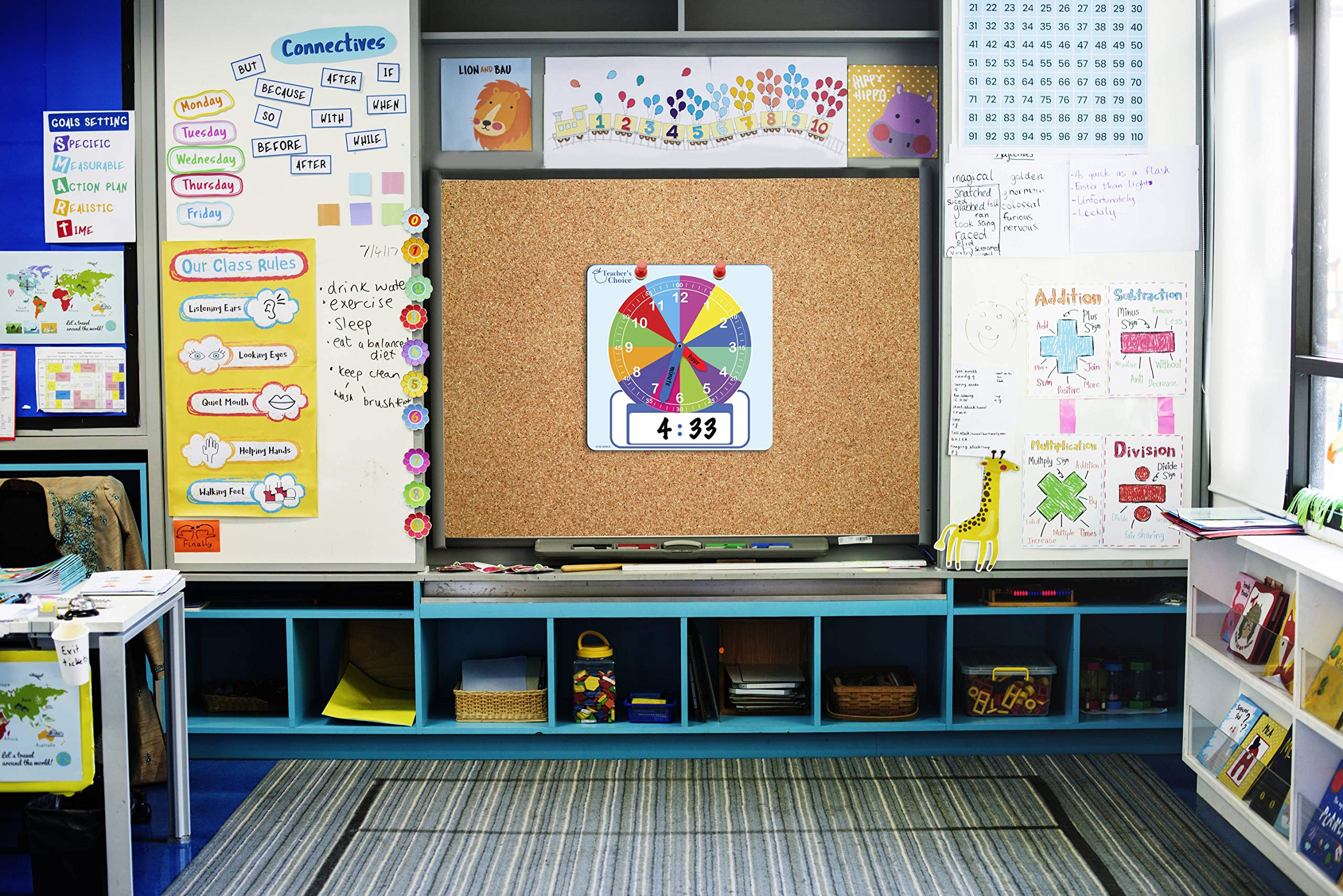 Teacher's Choice Writable Dry Erase Learning Clock | Large 12" Demonstration Teaching Time Practice Clock with Dry Erase Writing Surface | Marker Included | (Rainbow)