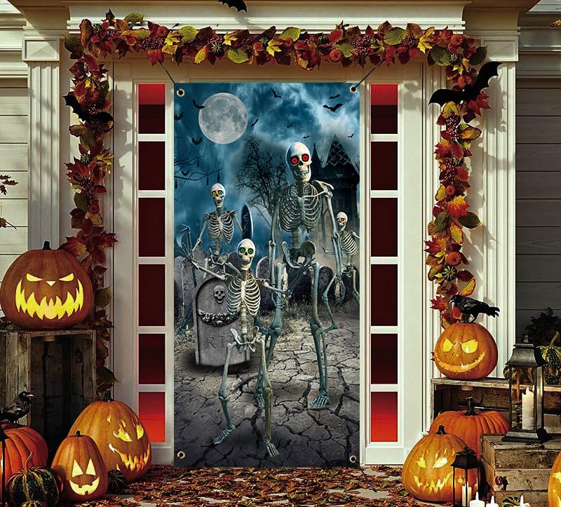 Generic Halloween Door Cover Decorations Scary Skeleton Theme Door Backdrop Halloween Photo Props Halloween Party Front Door Decorations Banner (6x3ďź180cmx90cmďź)