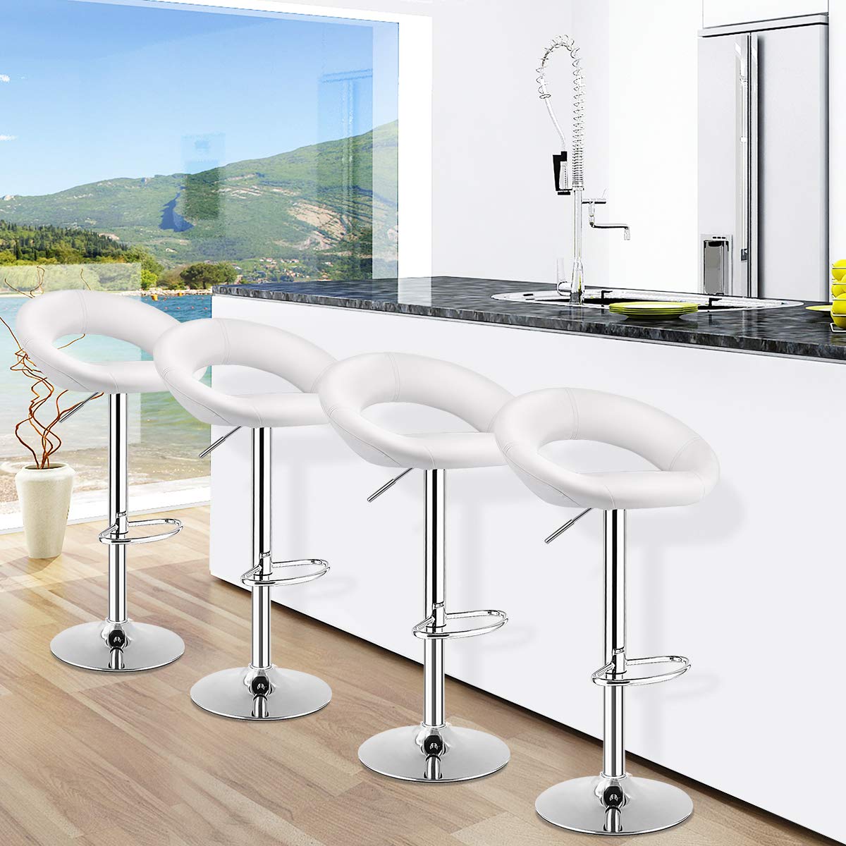 COSTWAY Bar Stools, Set of 4 Modern Swivel Adjustable Barstool, PU Leather Backless Stools, with Chrome Plated Footrest and Base, for Kitchen, Bistro, Pub, White