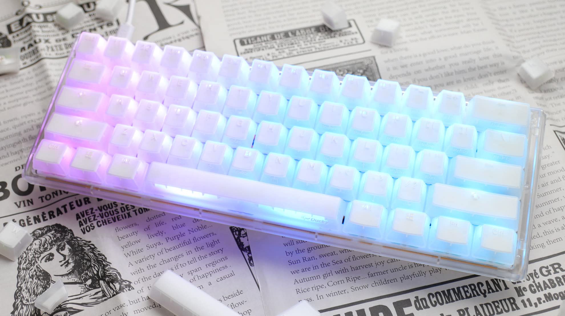 Ducky One 3 Mini Aura Clear White 60% Hotswap RGB LED Double Shot PBT Mechanical Keyboard Cherry MX Silent Red