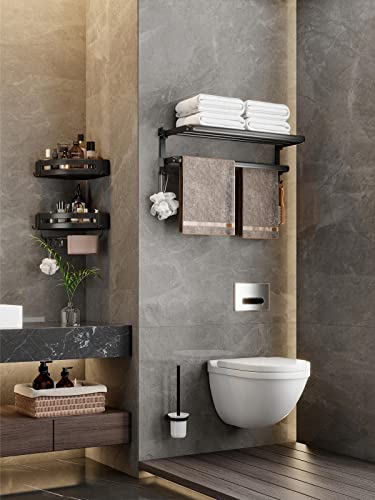 Towel Racks for Bathroom, Black Towel Bar for Bathroom with Double Shelf, Bathroom Towel Rack Wall Mounted 2 Tier, Bathroom Accessories, Space Aluminum, 24 Inch