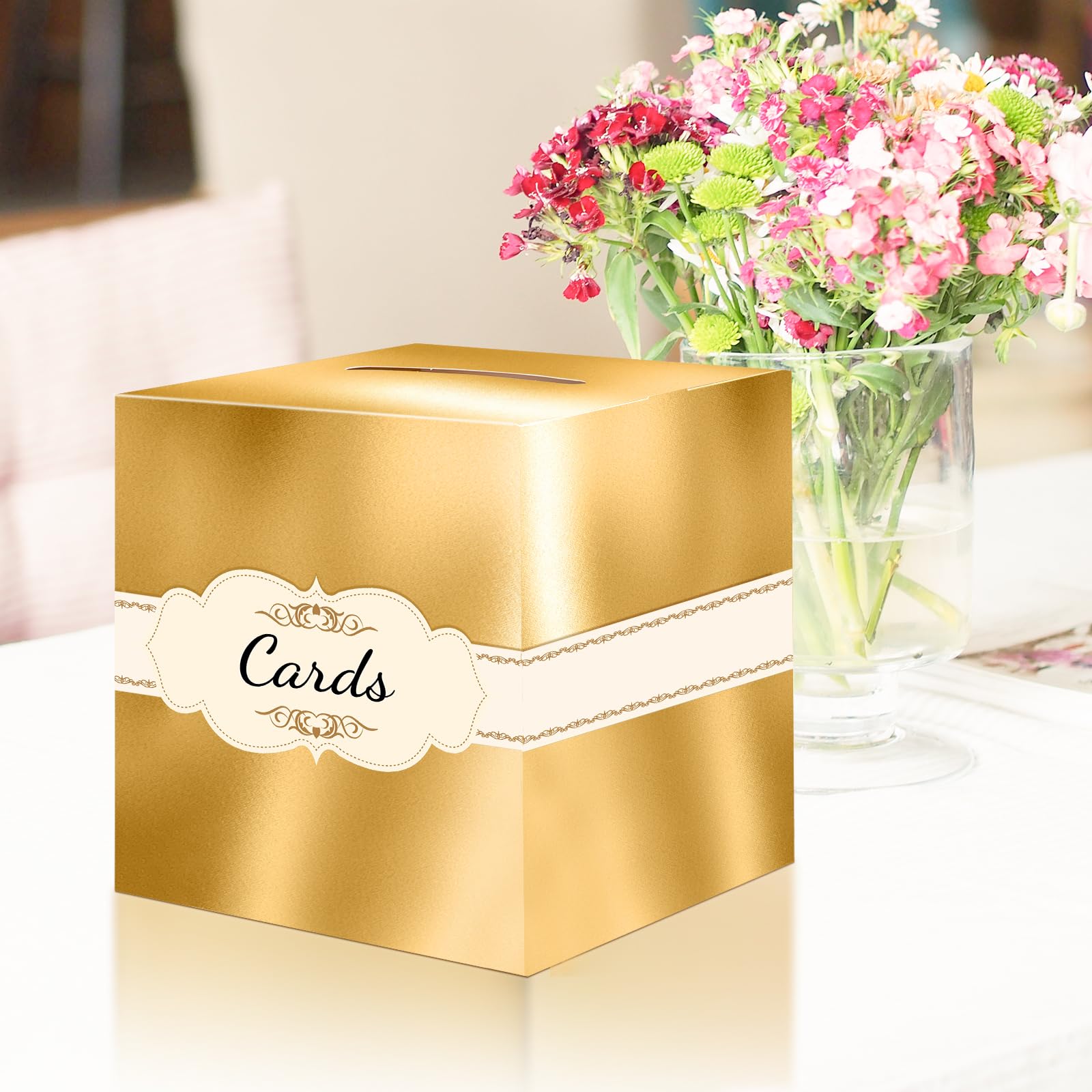 JC HUMMINGBIRD Cards Ribbon Sign Gold Shiny Metallic 10β In. x 10β In. Foldable Box with Slit, Weddings, Birthday, Donations, Gift Cards, Celebratory Cards, Devotionals