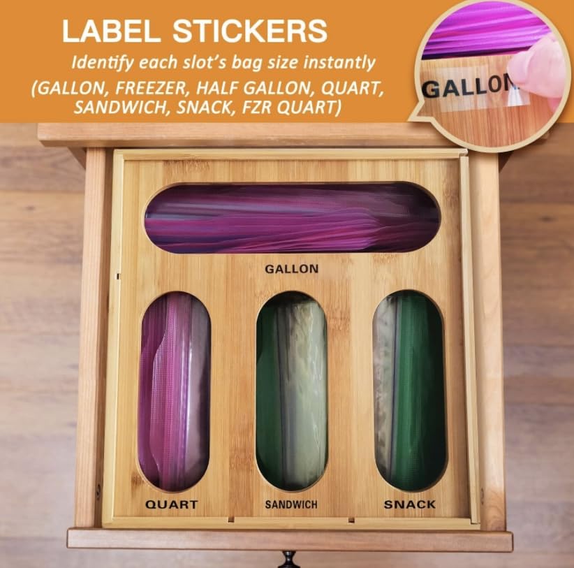 CNL DESIGNS INC. Bamboo Ziplock Bag Organizer for Drawer, Food Storage Organizer, Sandwich Bag Organizer for Kitchen, Compatible with Gallon, Quart, Sandwich & Variety Snack Size Bags.
