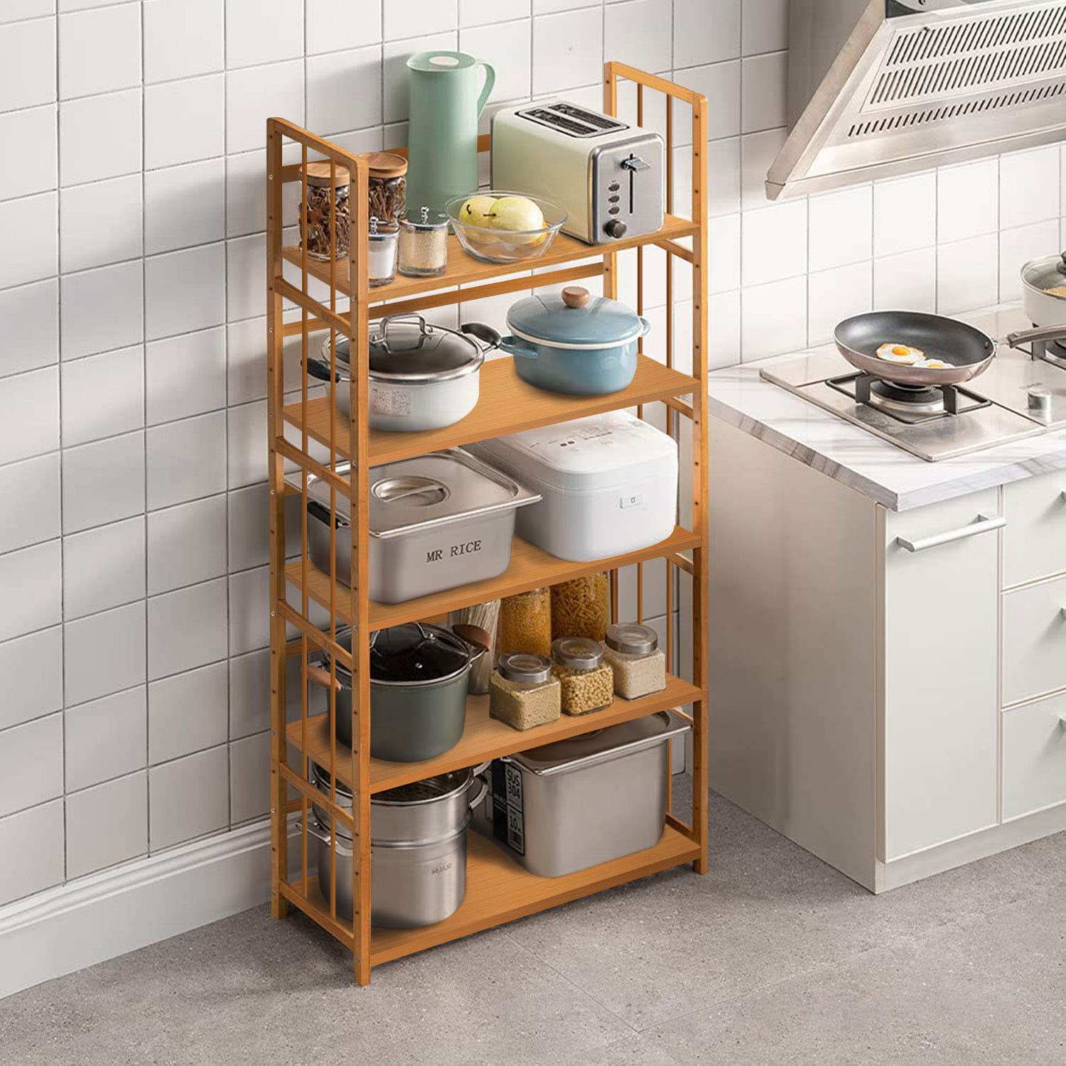 IOTXY Bamboo Open Bookshelf - Small 5-Tier Free-Standing Storage Rack, Multifunctional Display Stand for Bookcase, Home and Office, Light Brown