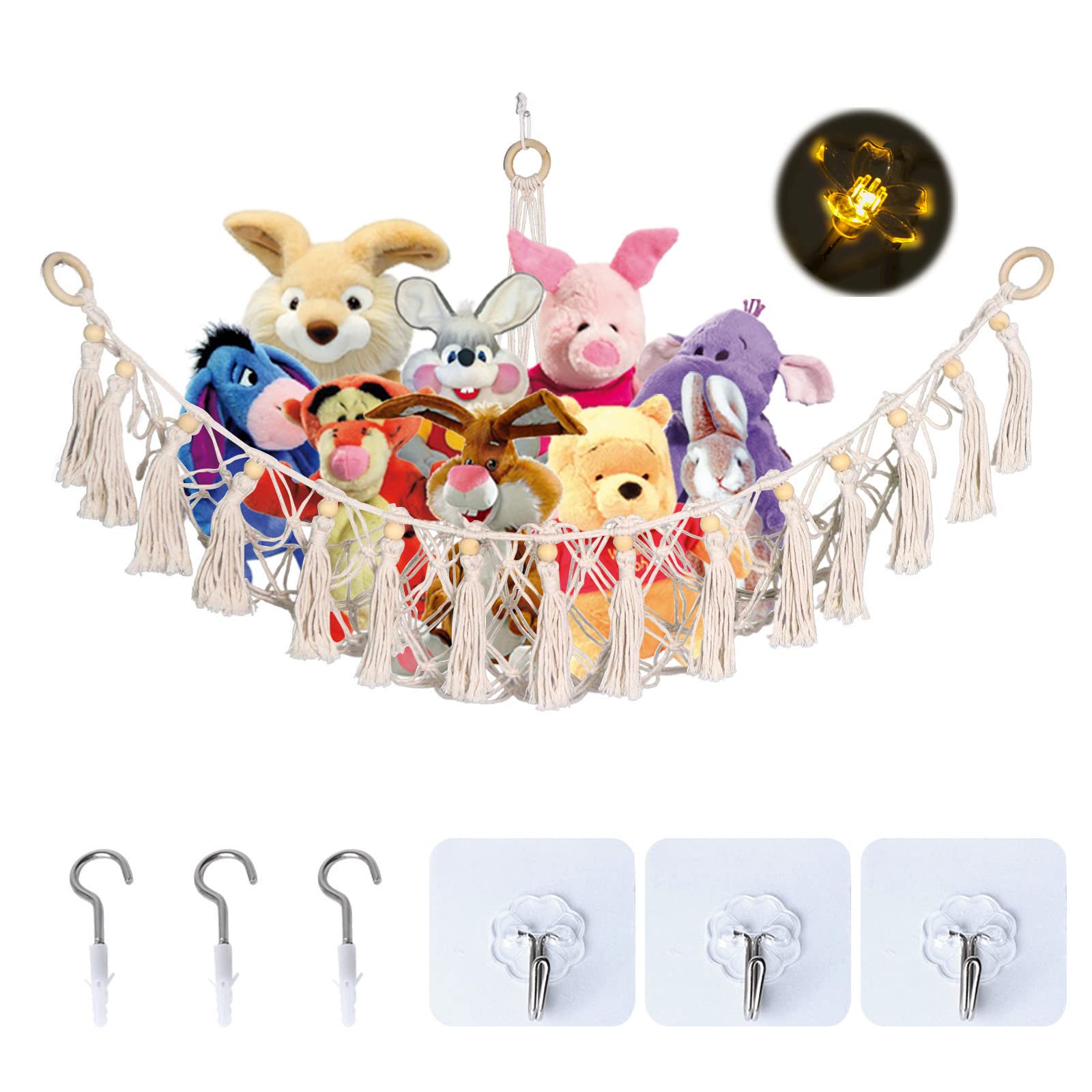 Stuffed Animal Hammock with Flowers Light Strings - Tassels Boho Toy Hammock Corner Stuffed Animal net plushie Hammock Toy Storage for Kids (Plus Size, Two Types of Hooks Available)