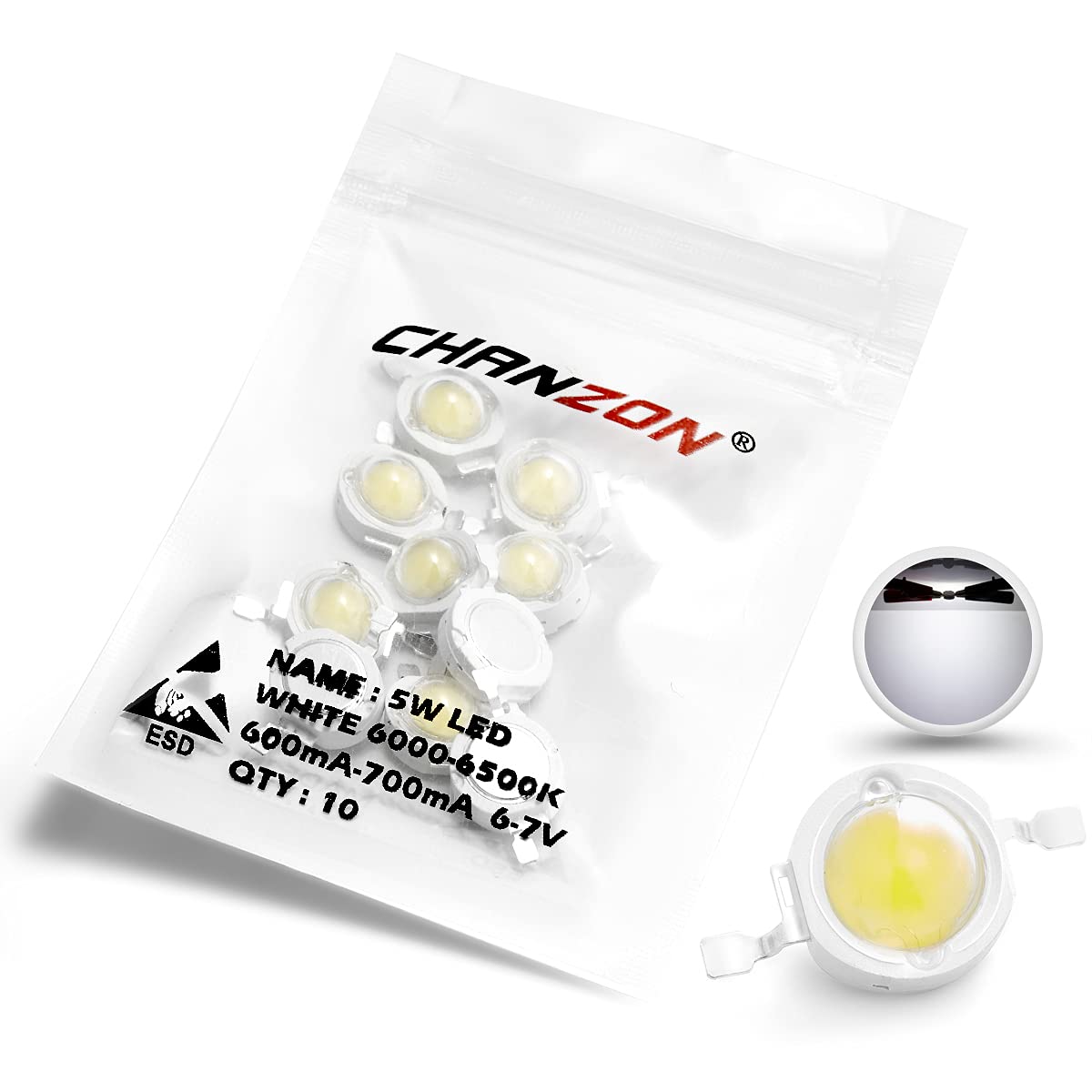 CHANZON 10 pcs High Power Led Chip 5W White (6000K - 6500K / 600mA - 700mA / DC 6V - 7V / 5 Watt) Super Bright Intensity SMD COB Light Emitter Components Diode 5 W Bulb Lamp Beads DIY Lighting