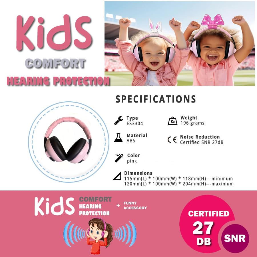 clawster Baby Kids Girls Pink Hearing Protection, Adjustable Noise Reduction 27dB Earmuffs, 3-36+ Months Funny Cute Accessory (Lace Bow)