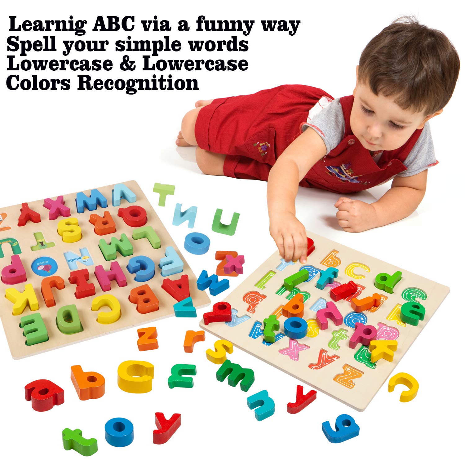 Wondertoys Wooden Alphabet Puzzle for Toddlers Chunky Lowercase & Uppercase Letters ABC Puzzles Board for Preschools Boys and Girls