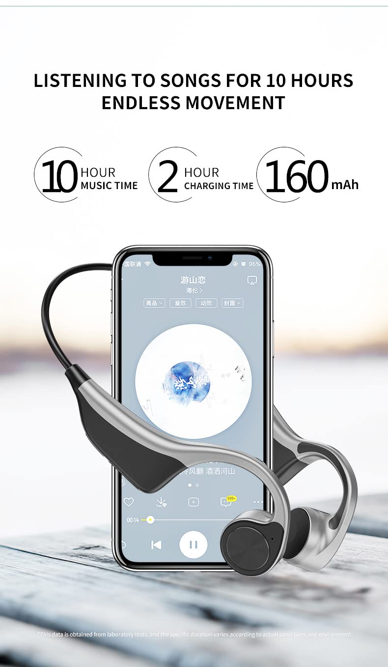 Bone Conduction Headphone Bluetooth Open Ear Wireless Headset 6 Hours Playtime with MP3 Player Built-in 8G Memoryghtweight Earphones for Jogging Running Driving Cycling, Hearing Protection (Grey)