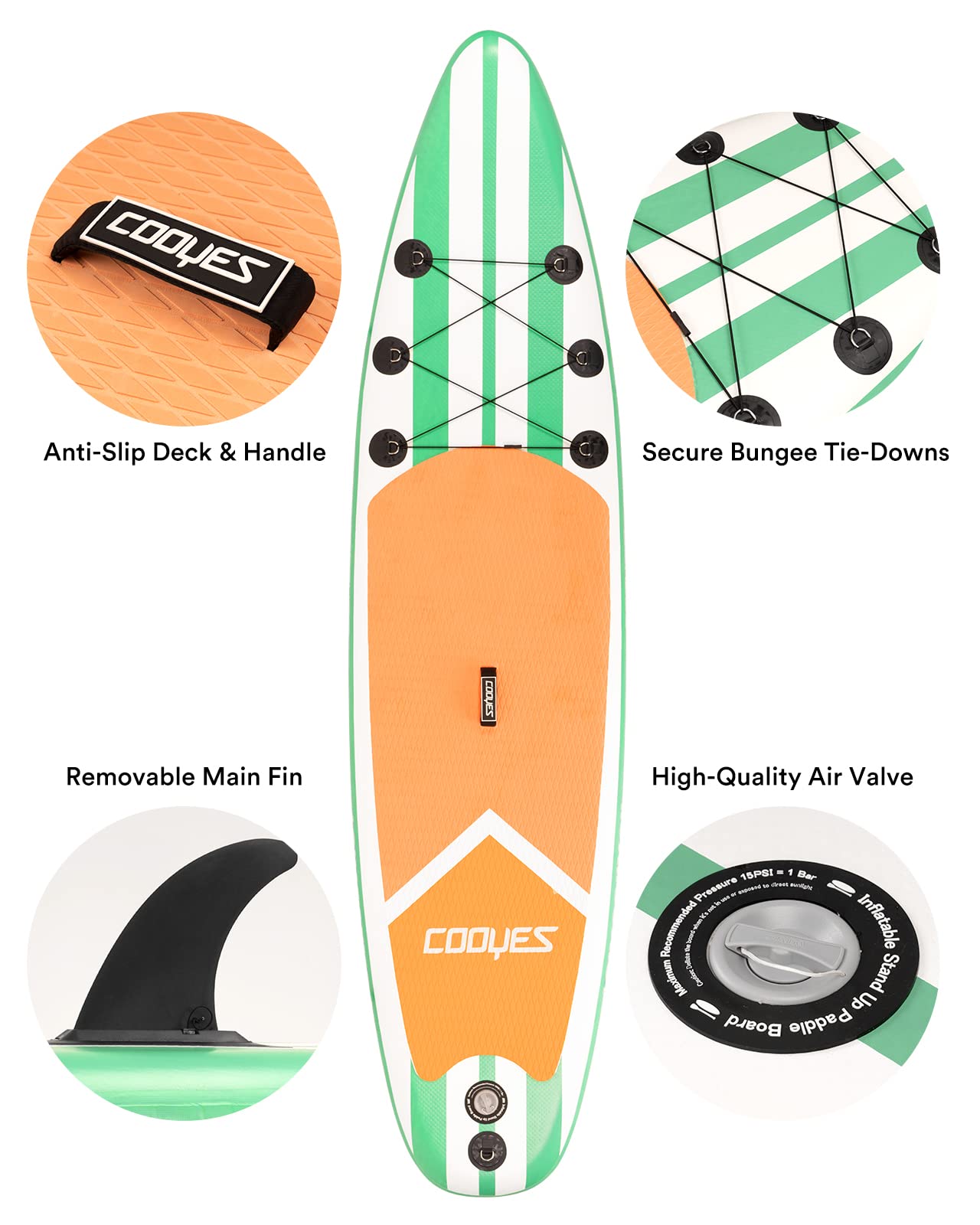 Cooyes 10x30x6 (17.6 lbs) Inflatable Stand Up Paddleboard Sup w/Backpack, Large Fin, Leash, Paddle, Pump, Waterproof Phone Case, Extra-Light for Yoga