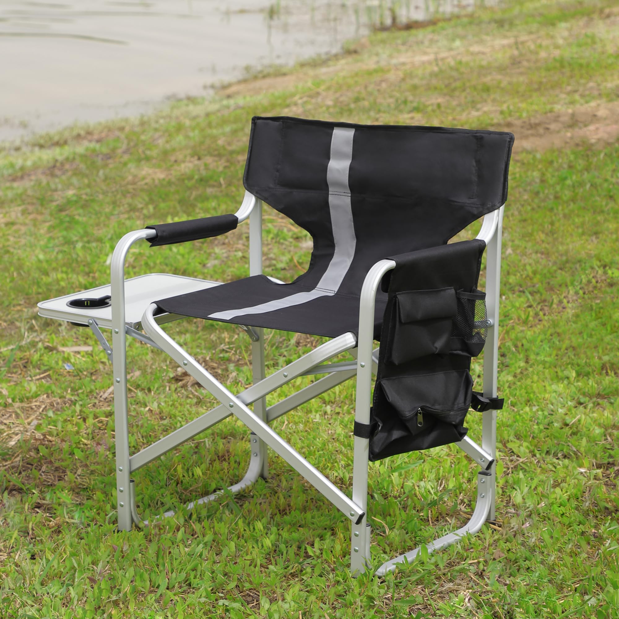 Coastrail Outdoor Camping Chair Oversized Padded Folding Quad Arm Chairs with Lumbar Back Support, Cooler Bag, Cup Holder & Side Pocket, Extra Head Pocket, Supports 400 lbs (Modern, Orange)