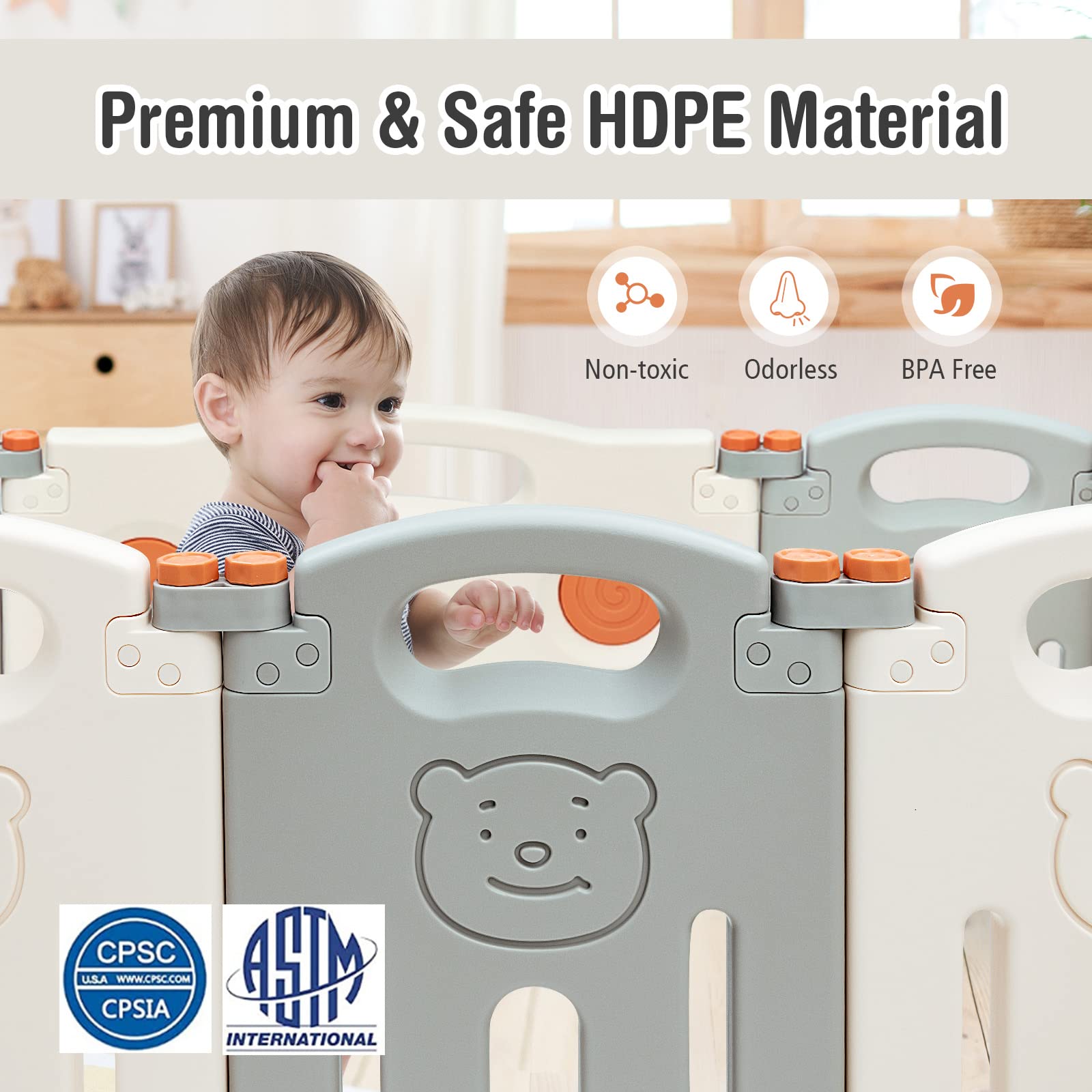 Costzon Baby Playpen, 14-Panel Foldable Large Baby Playard w/Locking Gate, Non-Slip Rubber Bases, Adjustable Shape, Portable Baby Fence Play Area Design for Indoor Outdoor Use (Beige + Gray)
