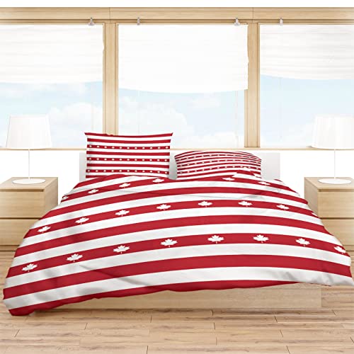 Queen Comforter Covers Sets Happy Canada Day 4 Piece Duvet Cover Set Lightweight Microfiber Soft Bedding Set for Adult Teen, Red Striped Maple Leaves