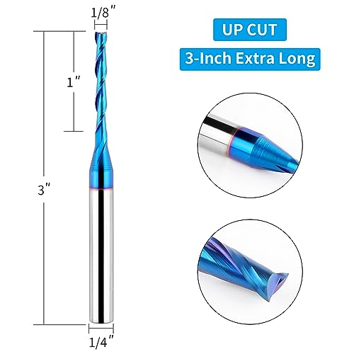 EANOSIC Upcut Spiral Router Bit 1/4 inch Shank, 1/8 inch Cutting Diameter, Extra Long 3 inch Solid Carbide with Nano Blue Coating CNC Router Bits End Mill for Wood Cut, Carving