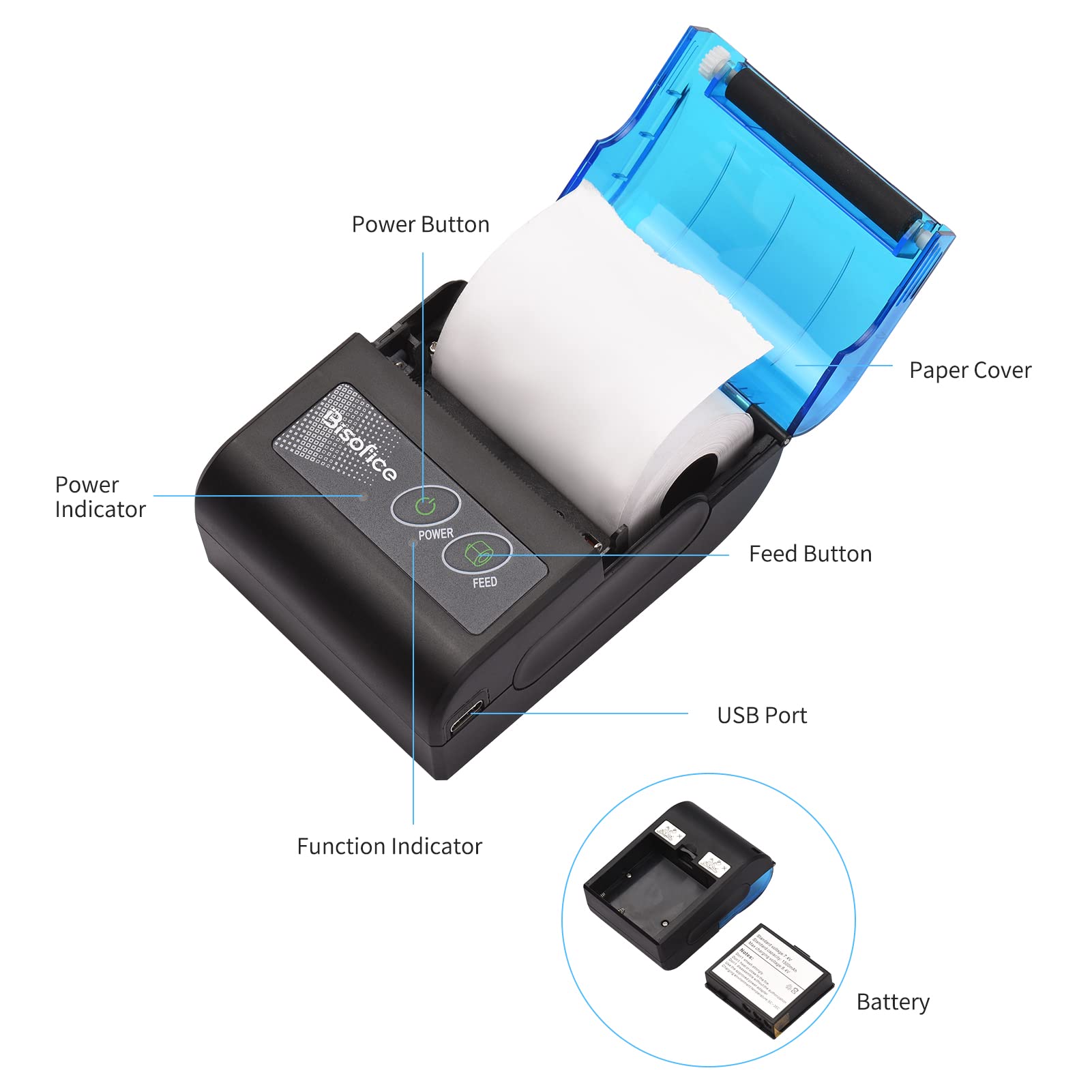 Irfora Portable Mini Thermal Printer 2 inch Wireless USB Receipt Bill Ticket Printer with 58mm Print Paper Compatible with iOS Android Windows for Restaurant Sales Retail