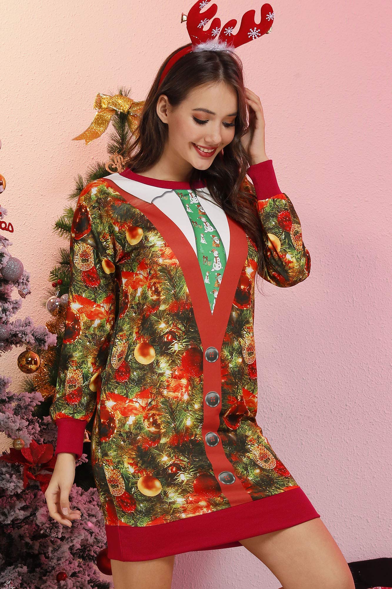 Christmas Womens Funny Pullover Sweatshirt Holiday Party Long Sleeves Ugly Dress Snowman Tie S
