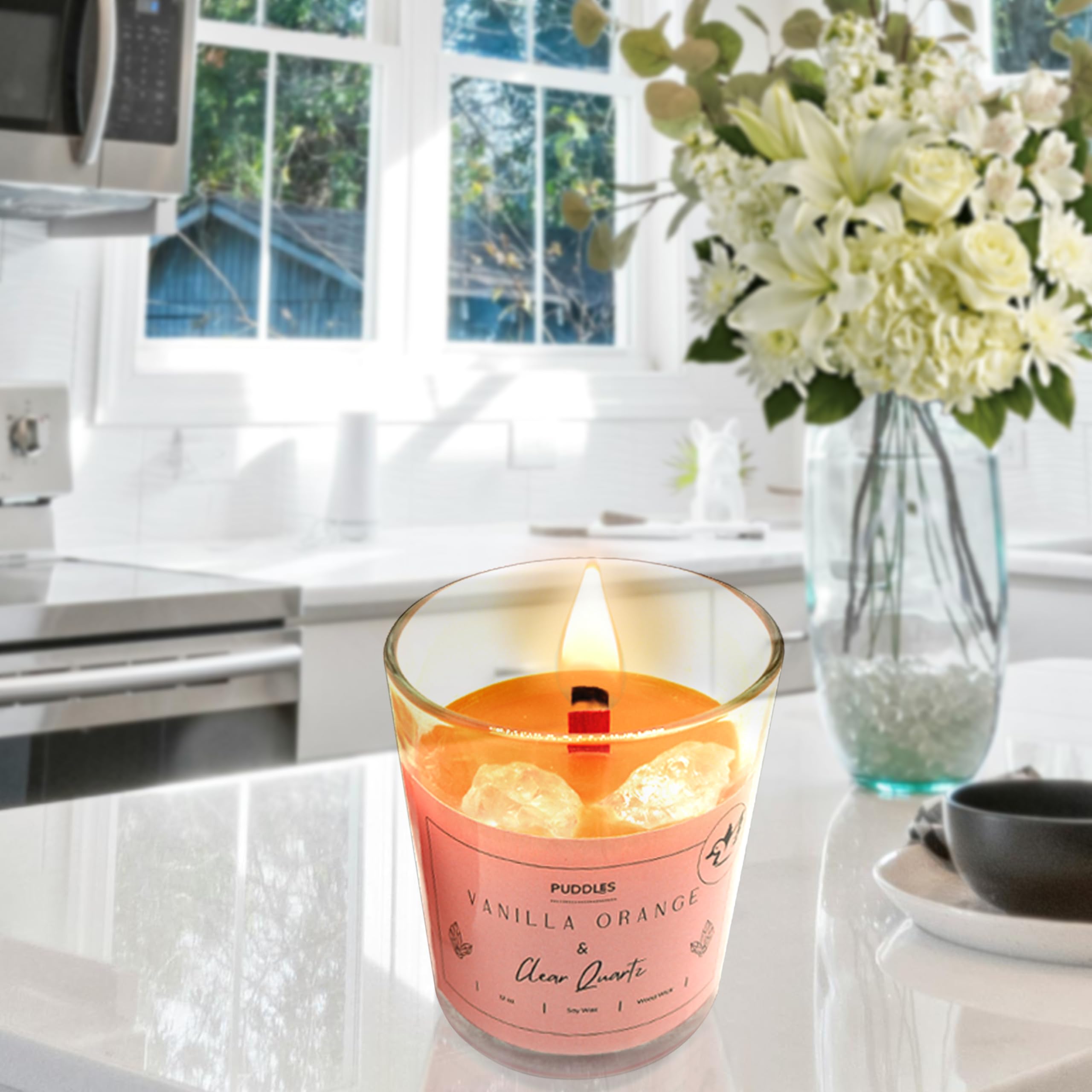 Vanilla and Orange Scented Soy Candle with Clear Quartz Crystals - Extra Large 12 oz, Long-Lasting, Wooden Wick, Calming, Relaxing Crackle by Puddles