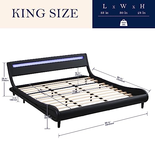 HAUSHECK King Size Upholstered Platform Bed, LED Bed Frame with Lights Headboard, Modern Faux Leather Bedframe No Spring Box Needed for Kids, Teen & Adults, King Beds with Strong Wood Slats Support