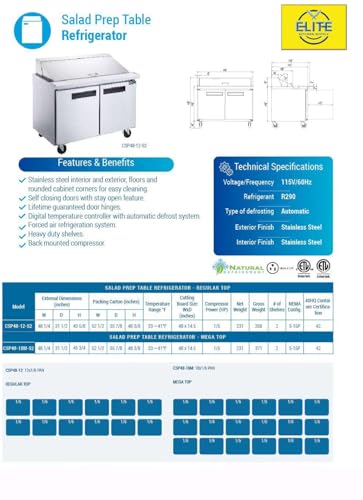 Elite Kitchen Supply Commercial Sandwich Prep Table Refrigerator, ETL NSF Salad Pizza Fridge Cooler, 48" W 11.47 cu.ft. Fan Cooling, Salad Bar with Cut Board for Buffet Restaurant, Bar, Shop
