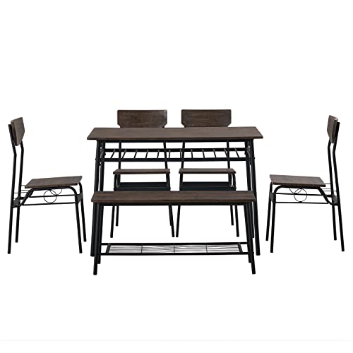 Rectangular Dining Table & Chair Set of 6 w/ Storage Space, Dining Room Set w/ 1 Table, 1 Bench & 4 Chairs for 6, Table Set w/ MDF Tabletop & Iron Frame, for Dining Room, Bistro, Home Bar, Kitchen