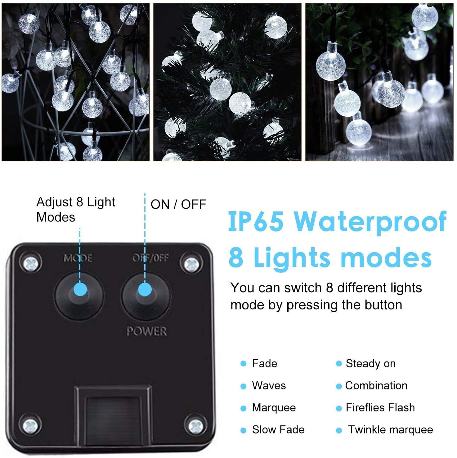 CAMKONG Solar String Lights Globe 30 Crystal Balls Waterproof LED Fairy Lights 8 Modes Outdoor Starry Lights Solar Powered String Light for Garden Yard Home (Cool White)