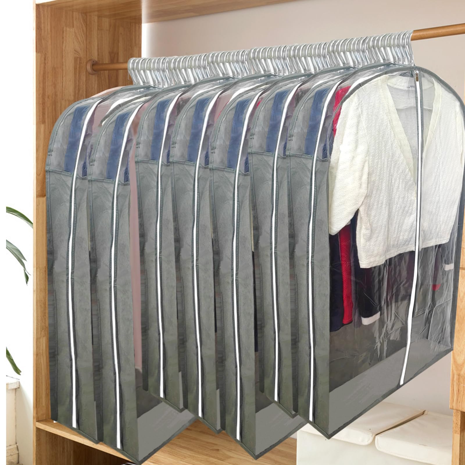 Garment Bags for Hanging Clothes with 6.3" Gusset, 40" Suit Bags for Closet Storage, Clear Moth Proof Suits Covers and Side Zipper Protector for Jacket, Coat, Sweater, Shirts, Clothing, Grey/3 Packs