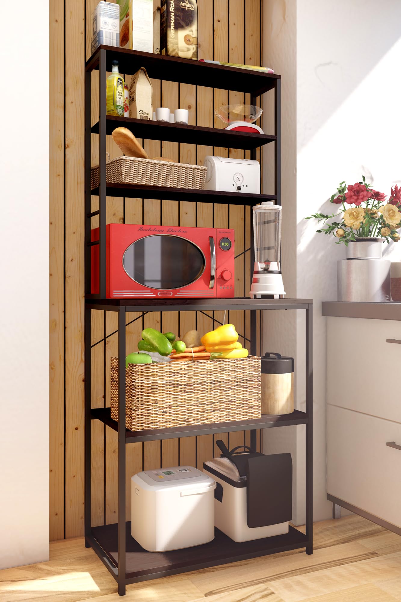 Elixo Bakers Rack with Power Outlet, coffee bar cabinet with 6 S hooks, 6-Tiers small appliances and microwave stand with storage for small apartments with motion sensor lights, Black