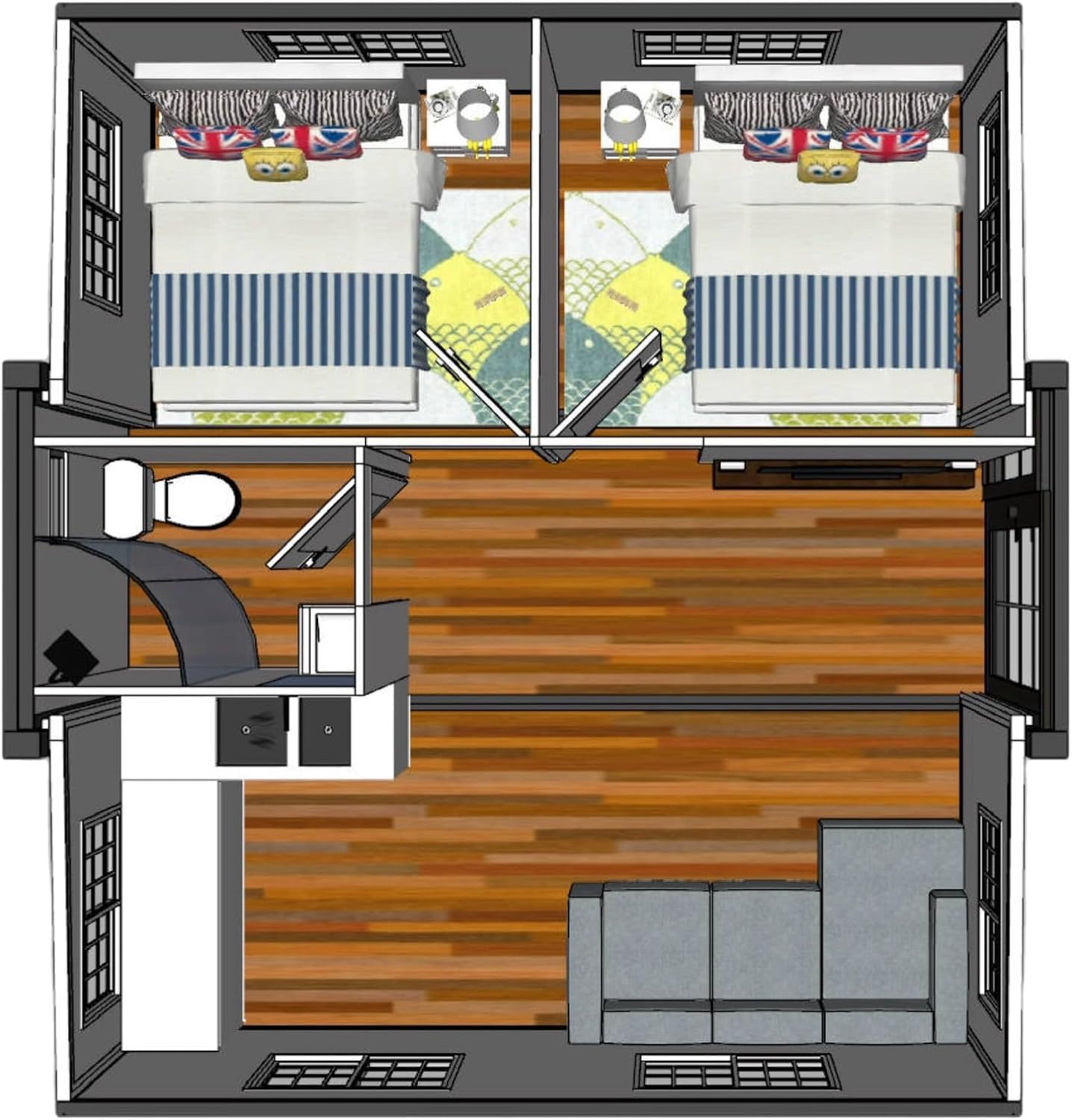 Generic Portable Prefacbricated Modern House, 19 x 20 FT, 2 Rooms, 1 Bathroom & 1 Kitchen, Alloy Steel, Foldable Outbuilding โ Light Blue, R82827