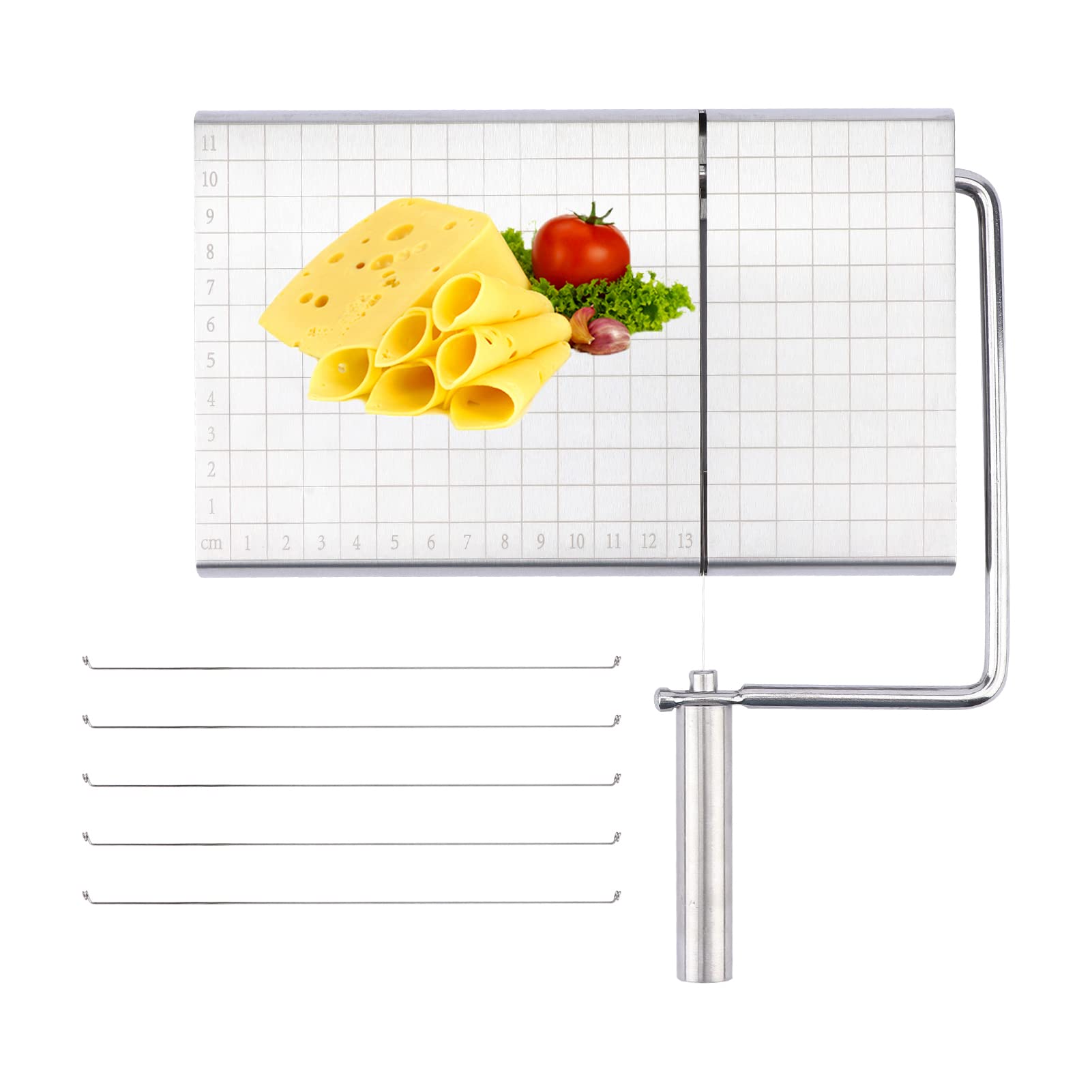 EYYVRE Cheese Slicers for Block Cheese Heavy Duty, Stainless Steel Cheese Slicer & Cheese Cutter with 10 Replacement Wires, Cheese Butter Cutter Board with Accurate Size Scale for Baking