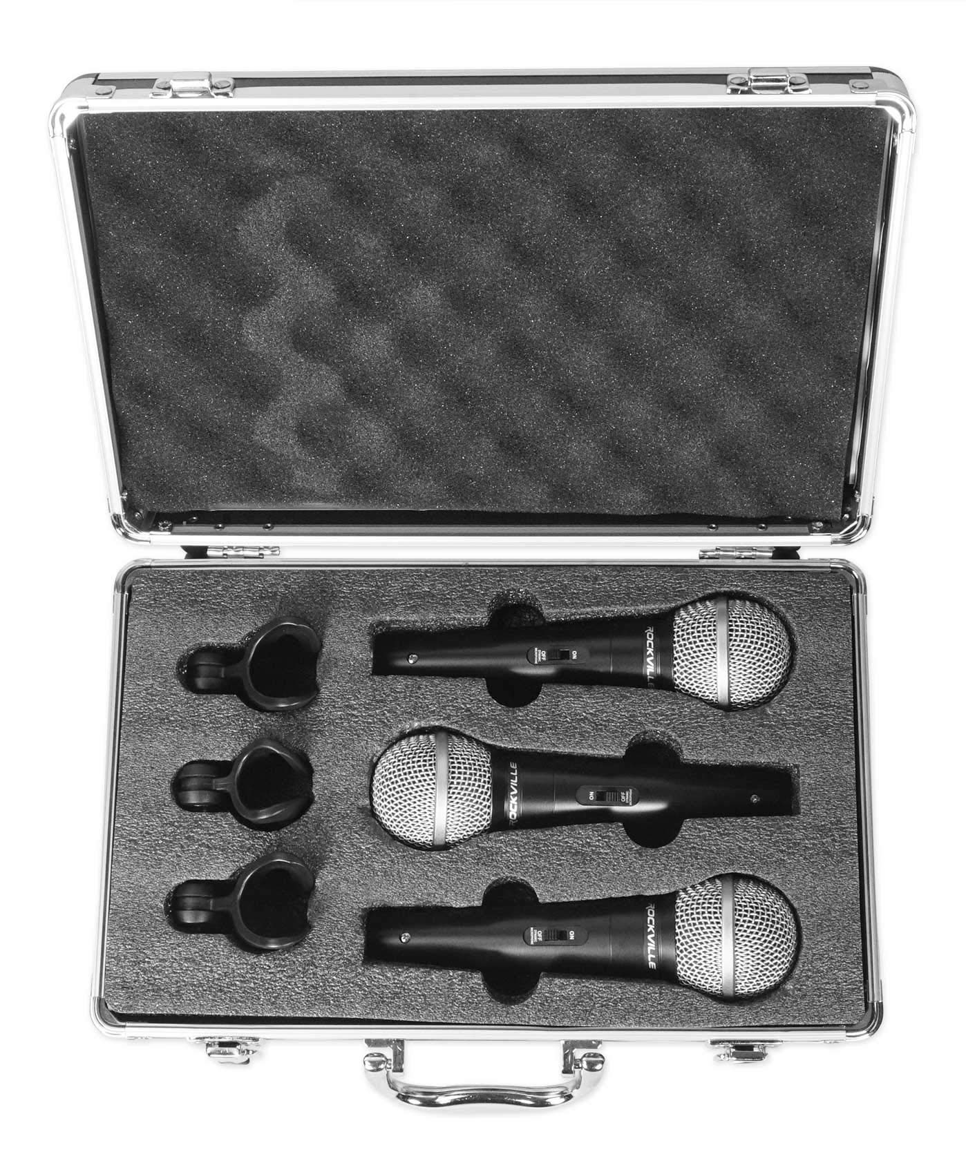 Rockville RMC-3PK 3 Pack Metal Wired Vocal/Instrument/DJ Microphones+Metal Case, Black