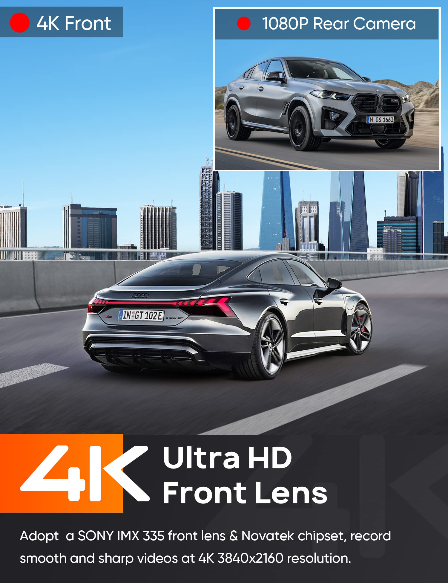 Dash Cam Front and Rear 4K+1080P WiFi Dash Camera for Cars with App, 24 Hours Parking Mode, G-Sensor, Loop Recording, Support 256GB Max