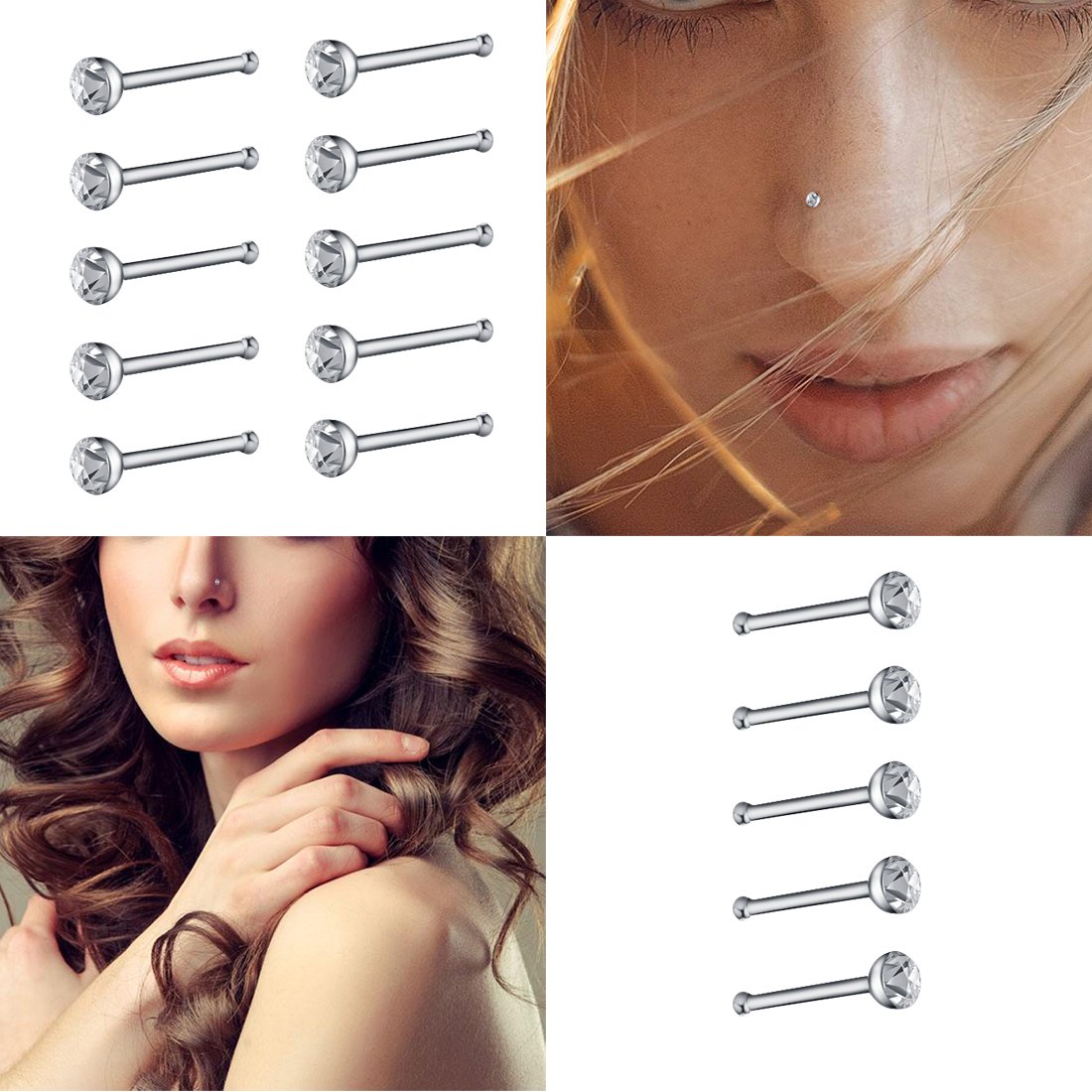 cnomg 1 Set 40pcs Surgical Steel Nose Rings Hypoallergenic Nose Bone Studs Crystal Body Piercing Jewelry Nose Studs Rings 1.7 MM Silver White