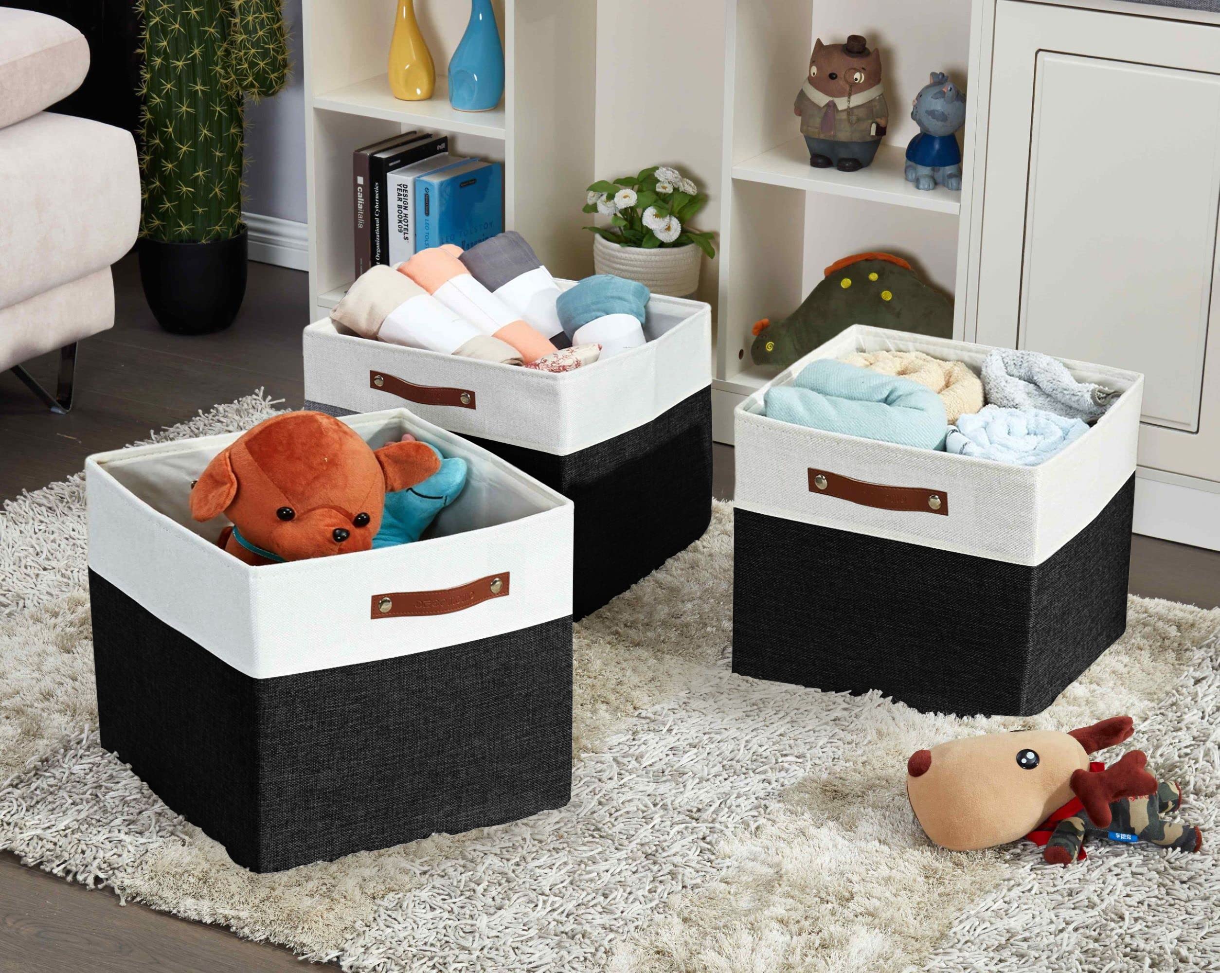 DECOMOMO Small Basket Storage Bins Collapsible Baskets for Organizing Shelves Bathroom Toy Baby Closet Gift Baskets Nursery Linen Closet Organizers with Handles (Black & White)