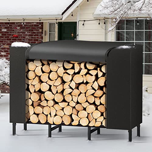 ETELI Firewood Log Rack Outdoor with Cover 4 ft Indoor Fireplace Log Holder Wood Storage Racks Adjustable Heavy Duty Metal Wood Stacker Firewood for Inside Patio Porch