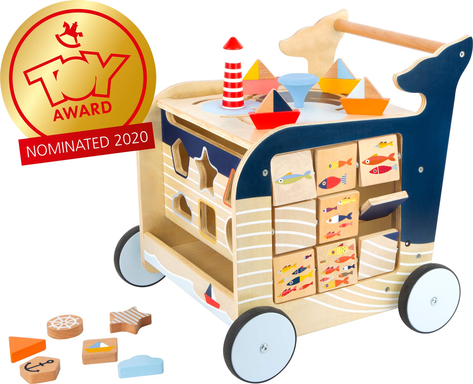 Wooden Whale Baby Walker by Small Foot – Classic 5-in-1 Activity Center - Interactive Toy with Shape Sorter, Puzzle Maze, Compass, Chalkboard - Develops Kids Coordination, Motor Skills –Age 12+ months