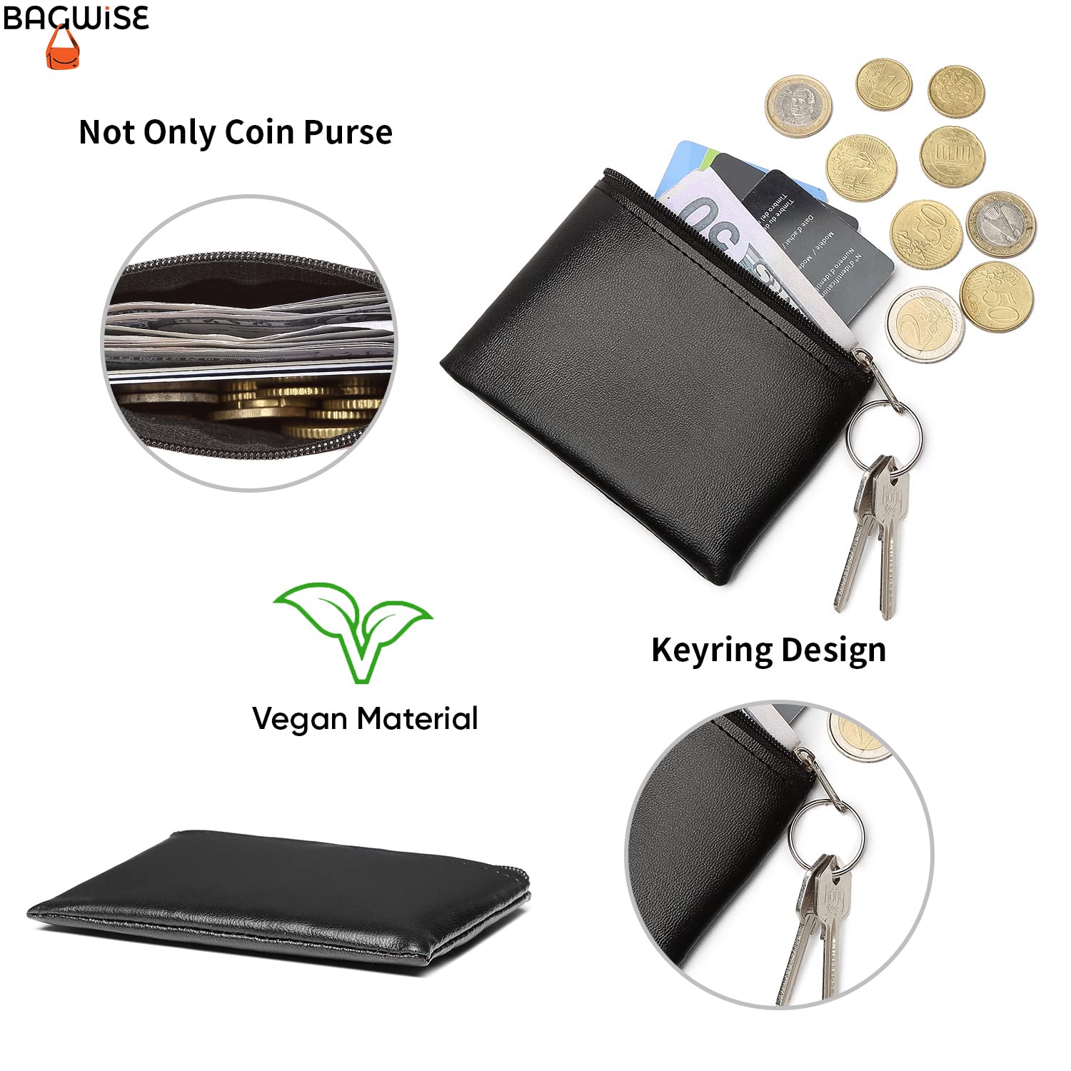 Coin Purse Pouch Change Purse Coin Wallet Change Holder, Vegan Leather Zippered Keychain Mini Coin Bag (Black)