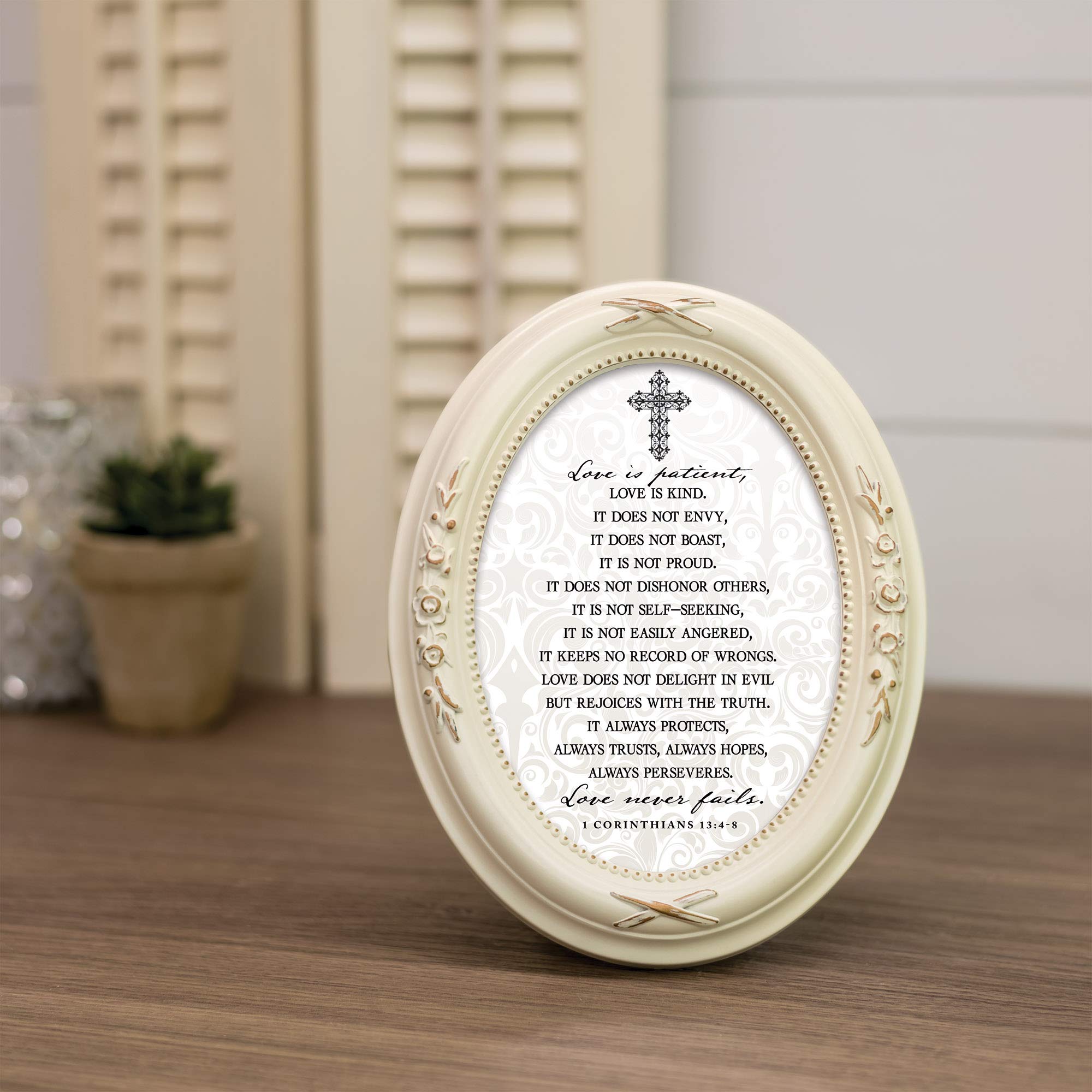 Cottage Garden Love Never Fails Inspirational Distressed Ivory Floral 5 x 7 Oval Table Top and Wall Photo Frame