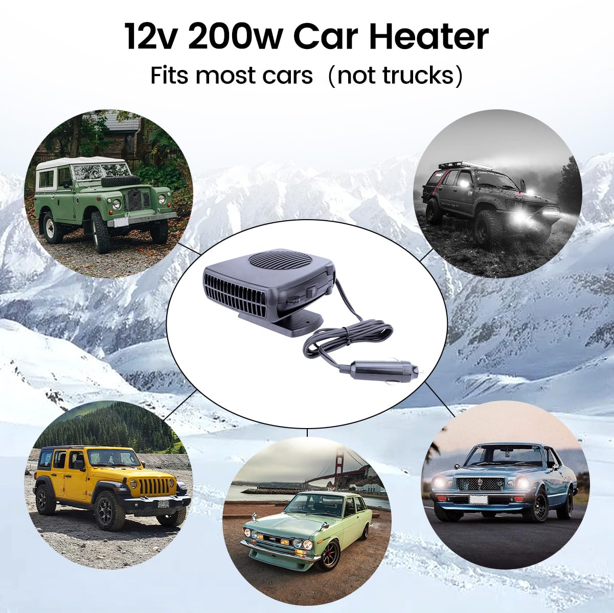 Car Heater, 200W 2 in 1 Portable Car Heater Fast Heating Quickly Defrost Defogger Demister Heat Cooling Fan Auto Dryer Windshield Defroster Plug in Cigarette Lighter(12V)