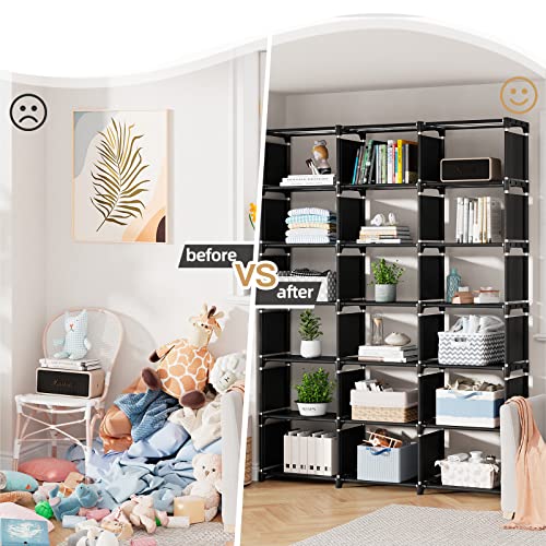 REIBII Bookshelf for Bedroom Book Shelf Organizer Bookcase Tall Book Case 18 Cube Storage Organizer Cube Shelf Black Cubby Storage Organizer Shelves for Bedroom Living Room Closet Office DIY