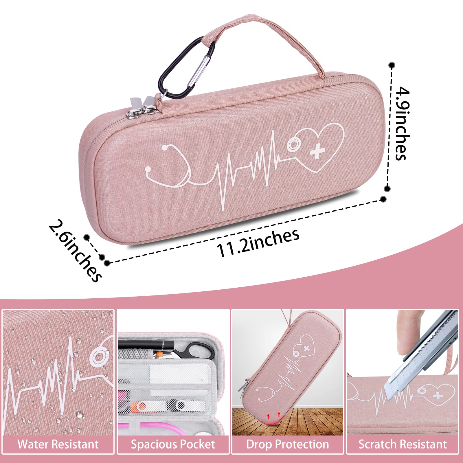 HESPLUS Stethoscope Case for MDF Acoustica/MD One, 3M Littmann Classic III/Lightweight II S.E/Cardiology IV Diagnostic/CORE Digital Stethoscopes, Includes Mesh Pocket for Nurse Accessories - Pink