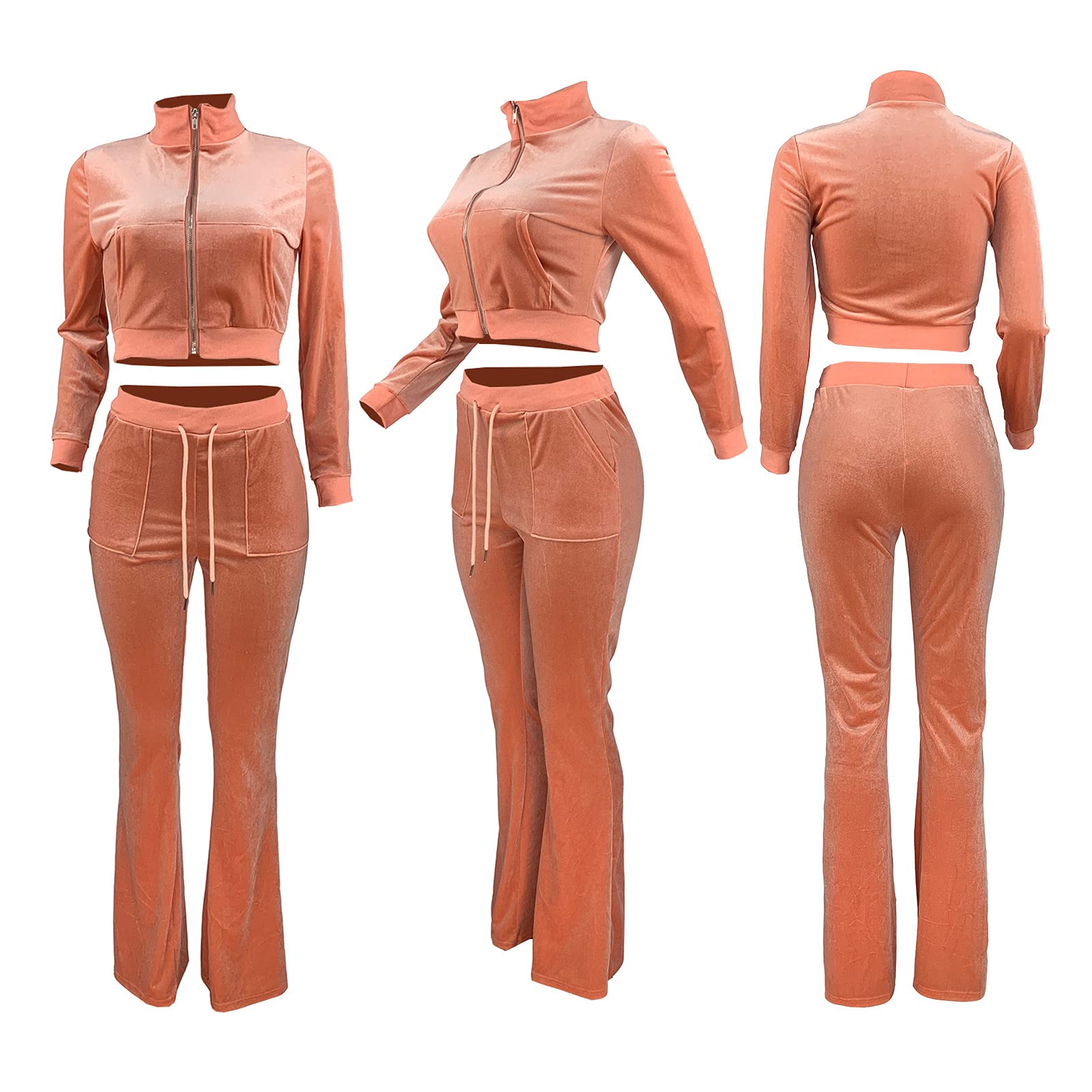 CCIGO Women's 2 Piece Outfits Velvet Sweatsuits Zip-up Jacket Casual Jogger Tracksuit Set with Pockets Small Orange