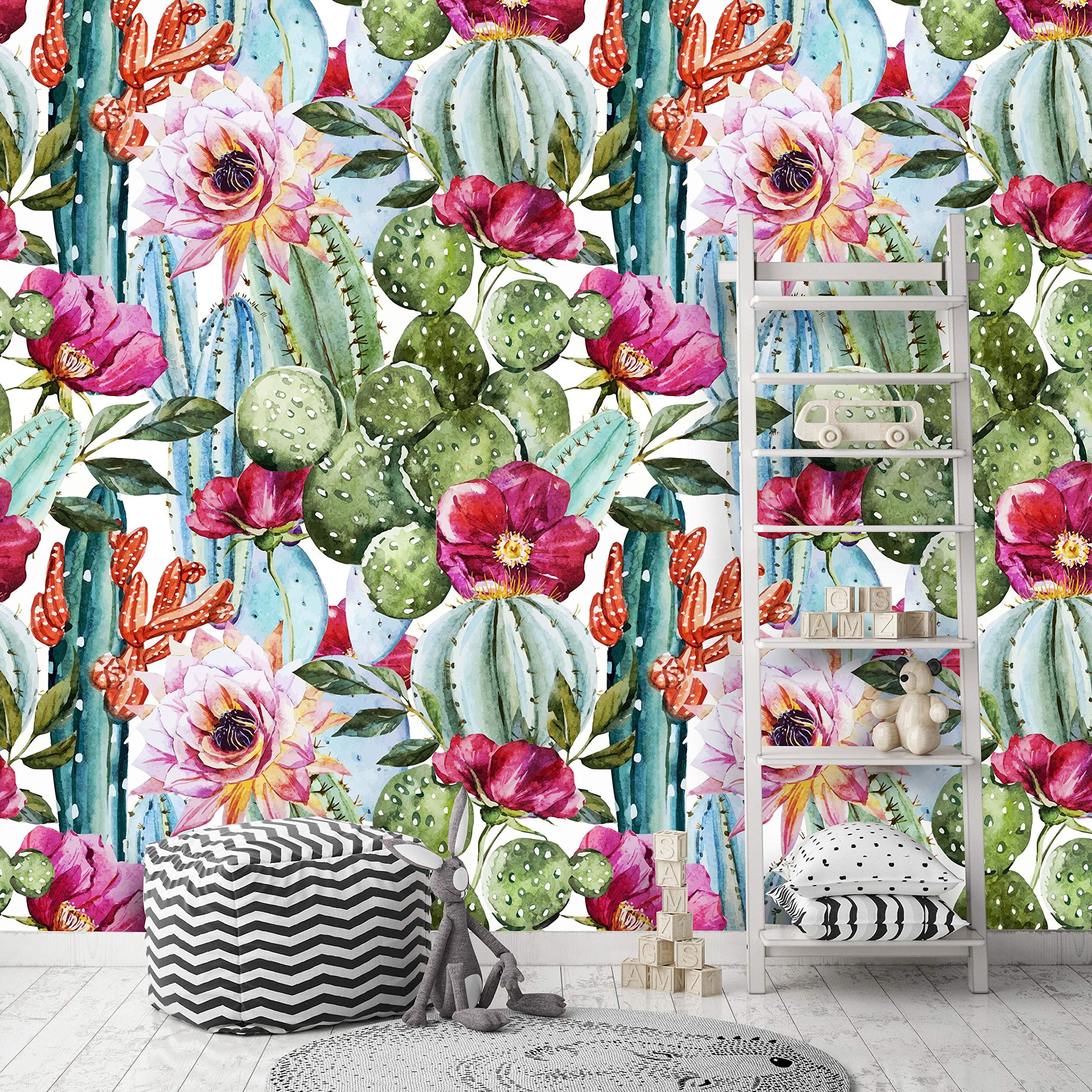 Coloritto Removable Peel 'n Stick Wallpaper, Self-Adhesive Wall Mural, Watercolor Tropical Pattern, Nursery Decor • Tropical Flowers, Roses and Cactus (Sample 12" W x 8" H)