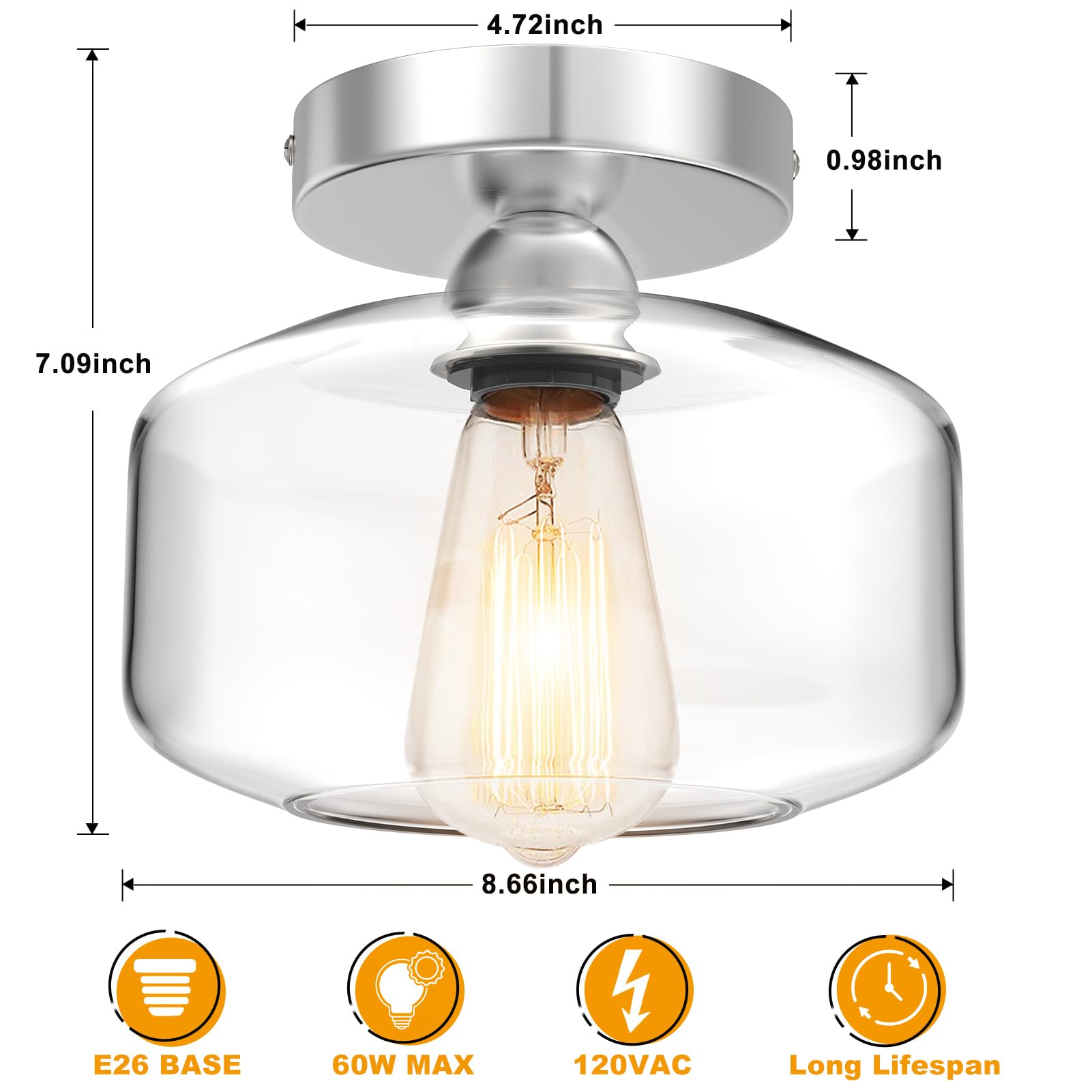 CNSUNWAY Semi Flush Mount Ceiling Light, Clear Glass Shade, E26 Bulb Base, Modern Farmhouse Light Fixtures for Kitchen Hallway Bedroom, Industrial Lamp, Ceiling Light Fixture (Bulb Not Included)
