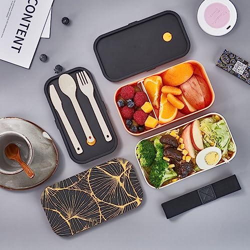 Golden Leaf Adult Lunch Box, Bento Box, With Cutlery Set Of 3, 2 Compartments, Rectangular, Lunch Box For Adults