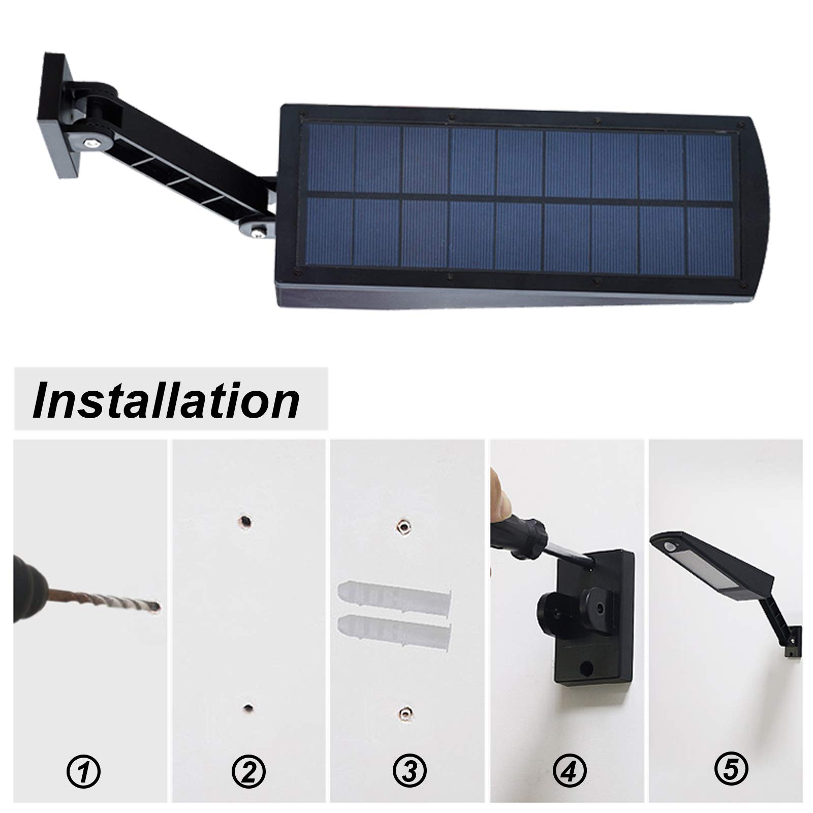 Outdoor Solar LED Wall Light IP65 Waterproof Area Security Night Lighting Wireless Dusk to Dawn Motion Sensor Lamp Remote Controlled 4 Working Modes for Garden, Fence, Patio, Yard, 900LM 6000K