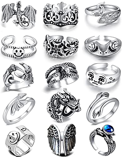 Cocamiky 15 Pcs Open Rings Frog Leaf Chain Adjustable Ring for Women Men Girls Punk Vintage Gothic Stackable Ring Jewelry Set