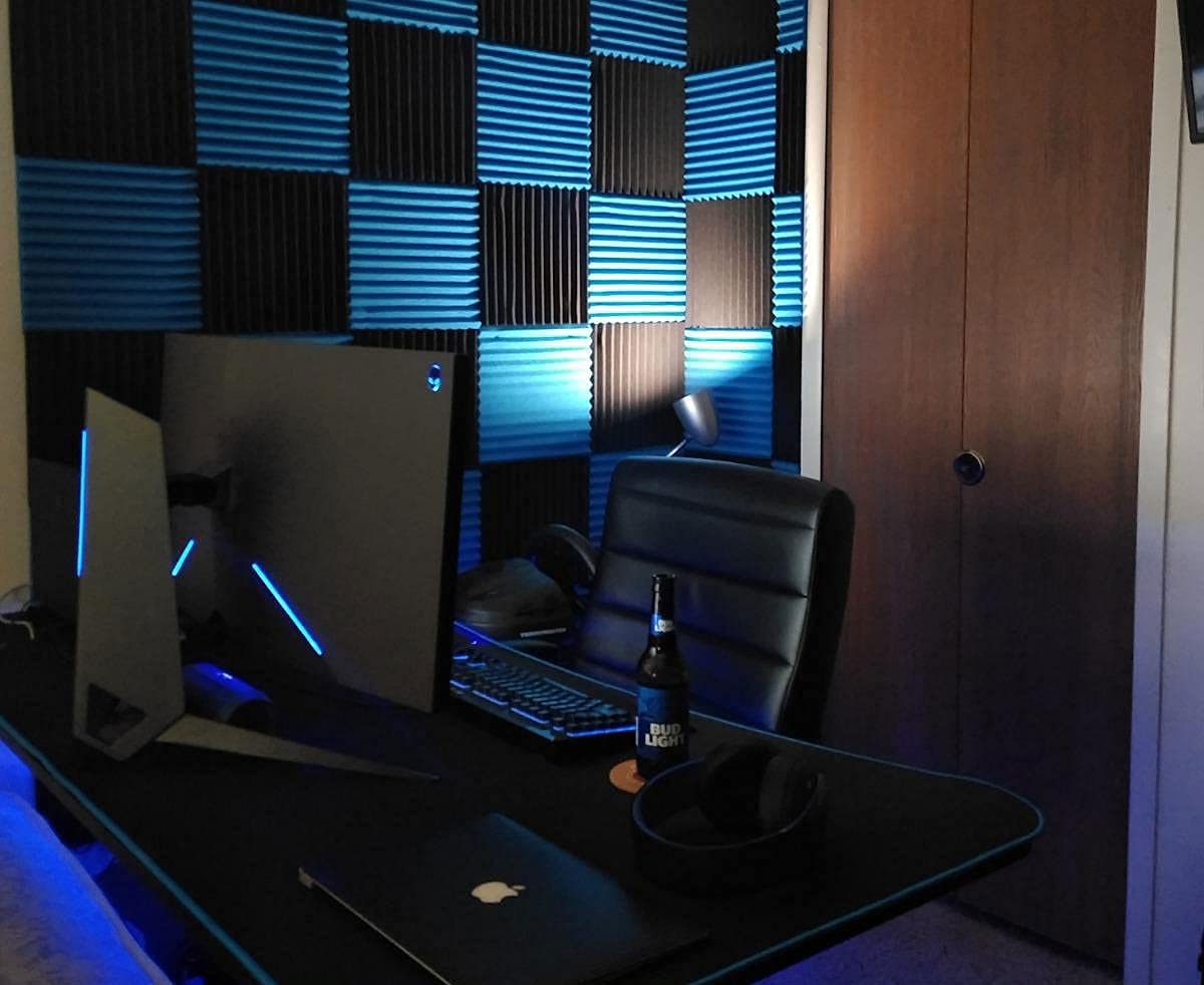 RitzGear Blue Gaming Accessories Kit I 4-in-1 LED Combo with Multimedia Keyboard, Optical Mouse, Mouse Pad & Headset with Adapter with CR3-X White Monitors and 24 Pack Acoustic Soundproof Wedge Panels