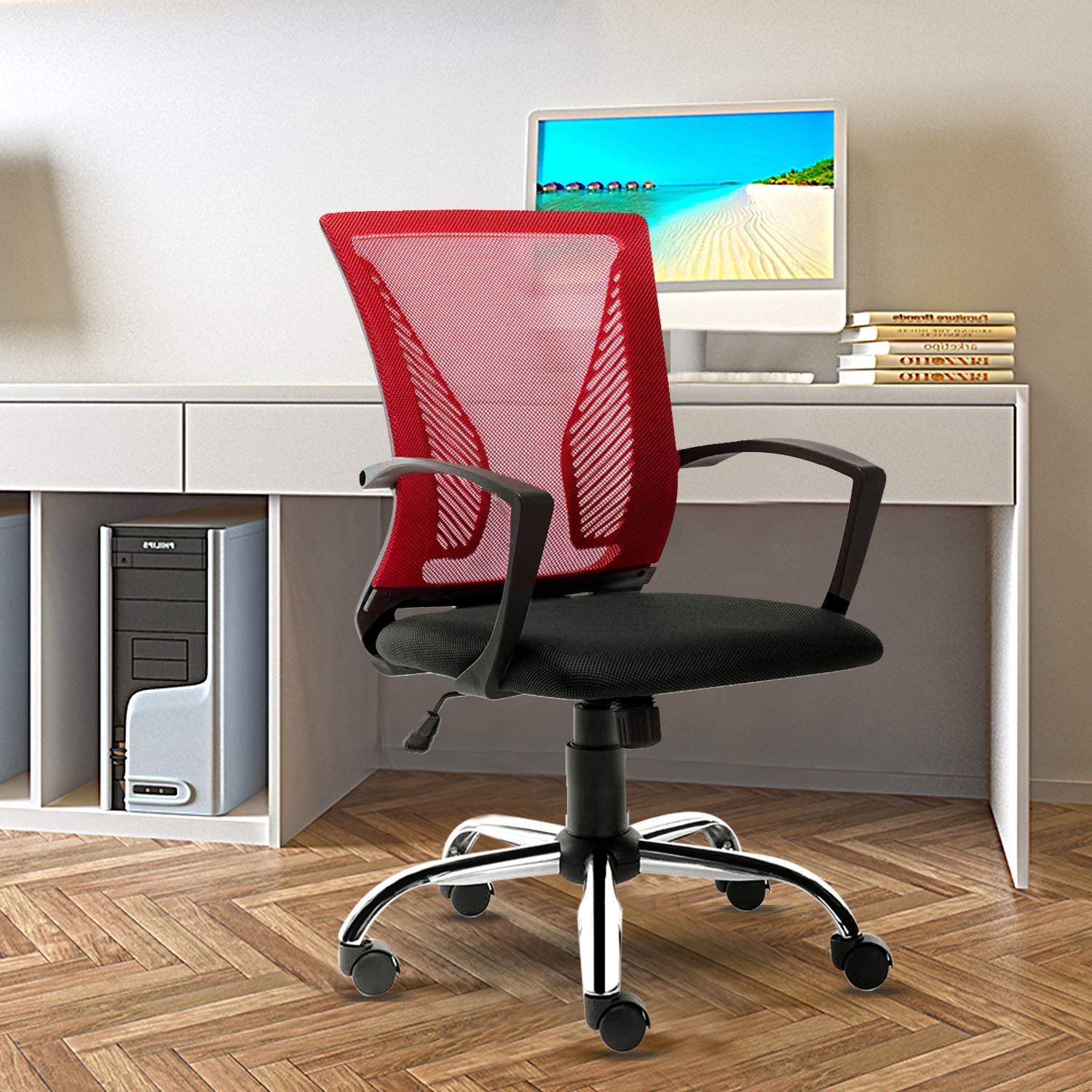 Bonzy Home Mid Back Office Chair - Lumbar Support Computer Chair - Ergonomic Mesh Desk Chair - Modern Adjustable Rolling Swivel Chair (Red & Black)