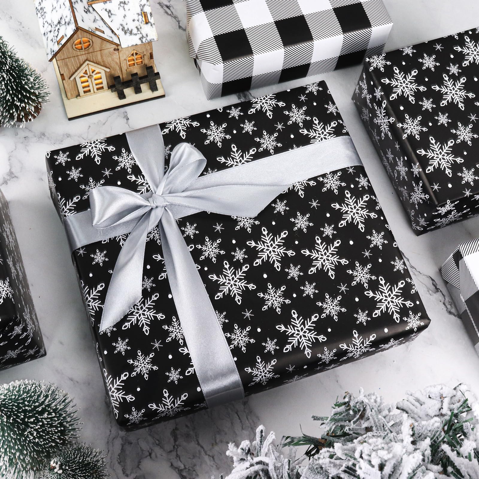 FIEHALA Black Christmas Mini Wrapping Paper Roll - Reversible Holiday Wrapping Paper(17" X 32.8 Feet) - Buffalo Plaid & Snowflakes Patterns